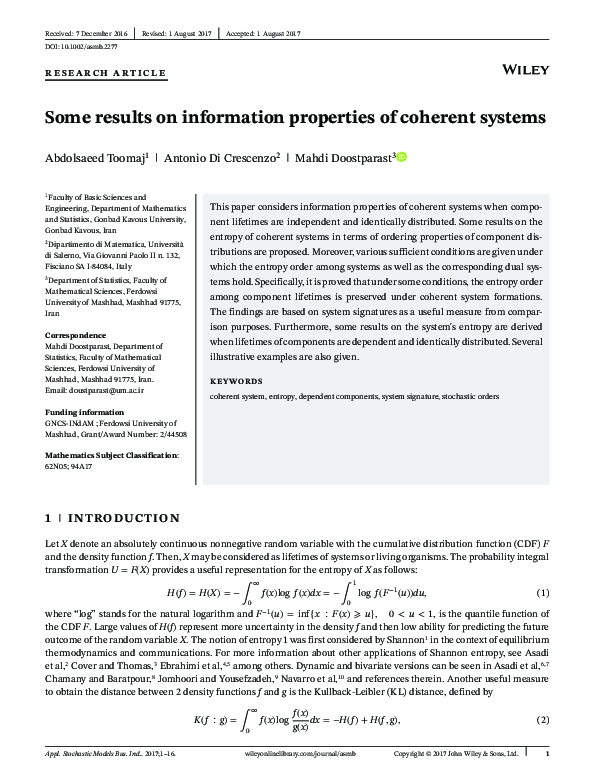 (PDF) Some results on information properties of coherent systems