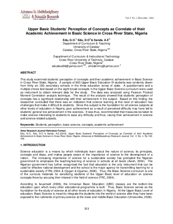 (PDF) Upper Basic Students’ Perception of Concepts as Correlate of their Academic Achievement in ...