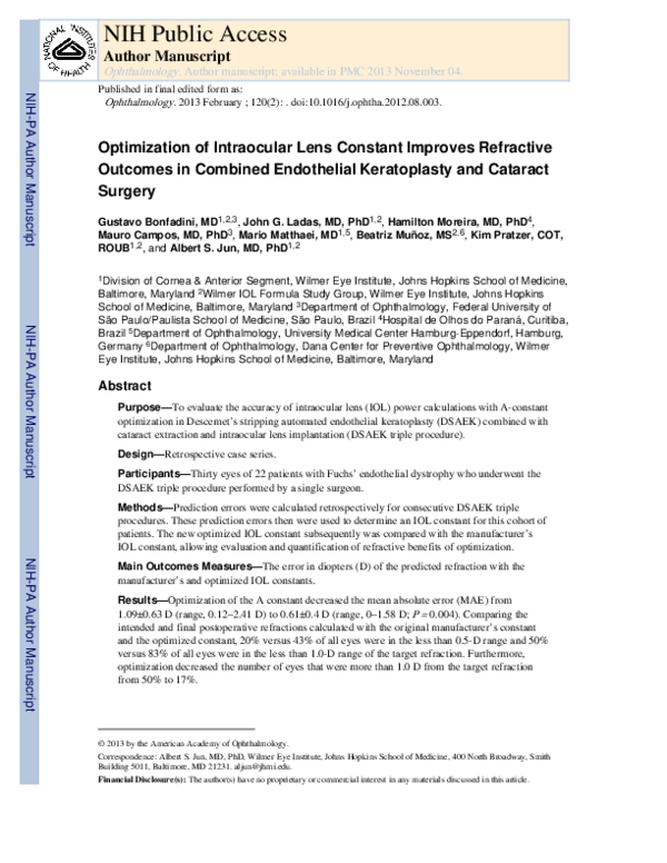 (PDF) Optimization of Intraocular Lens Constant Improves Refractive Outcomes in Combined ...