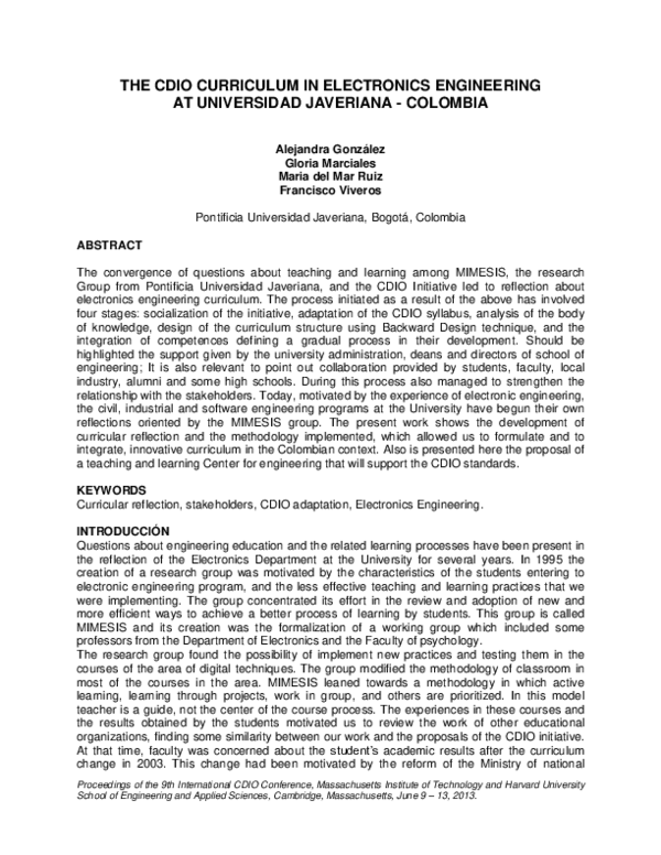 (PDF) The Cdio Curriculum in Electronics Engineering at Universidad Javeriana - Colombia