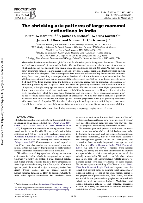 (PDF) The shrinking ark: patterns of large mammal extinctions in India