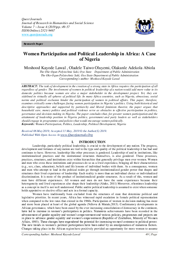 (PDF) Women Participation and Political Leadership in Africa: A Case of ...