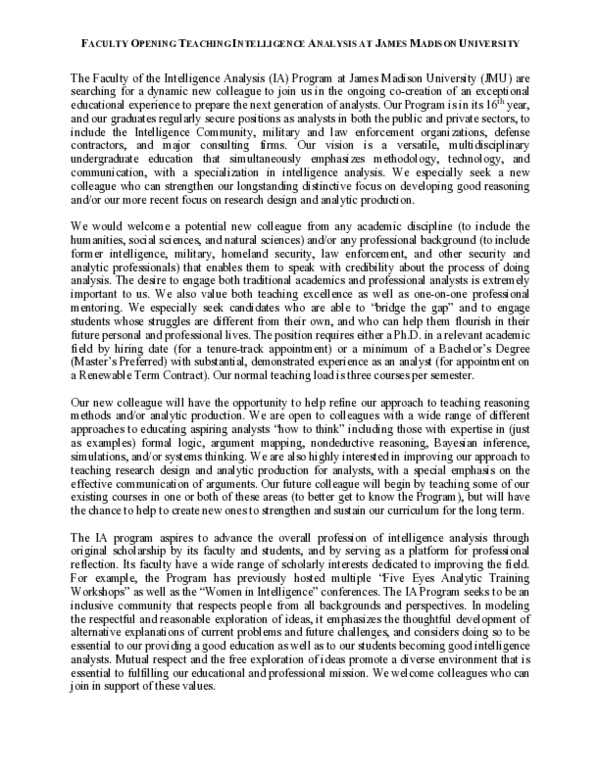 (PDF) Intelligence Analysis Program Faculty Ad James Madison University