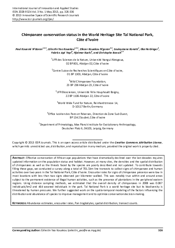 (PDF) Chimpanzee conservation status in the World Heritage Site Taï ...