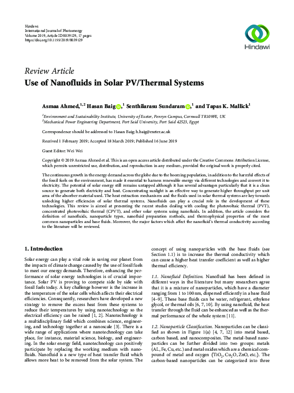 (PDF) Use of Nanofluids in Solar PV/Thermal Systems