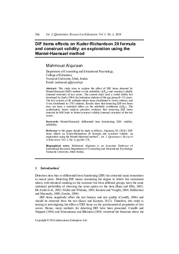 (PDF) DIF items effects on Kuder-Richardson 20 formula and construct validity: an exploration ...