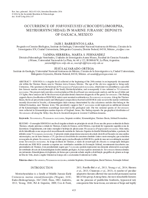 (PDF) Occurrence of Torvoneustes (Crocodylomorpha, Metriorhynchidae) in ...