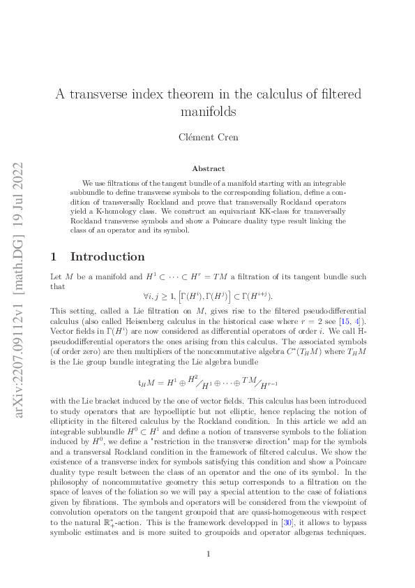 (PDF) A transverse index theorem in the calculus of filtered manifolds