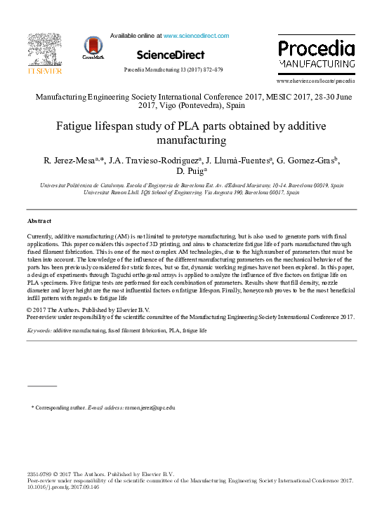 (PDF) Fatigue lifespan study of PLA parts obtained by additive manufacturing