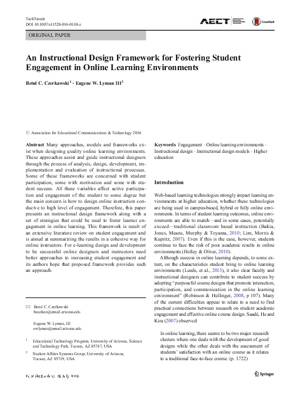 (PDF) An Instructional Design Framework for Fostering Student Engagement in Online Learning ...
