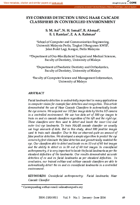 (PDF) Eye Corners Detection Using Haar Cascade Classifiers in Controlled Environment
