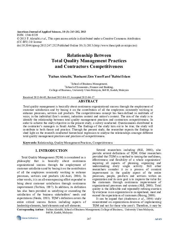(PDF) Relationship Between Total Quality Management Practices and Contractors Competitiveness