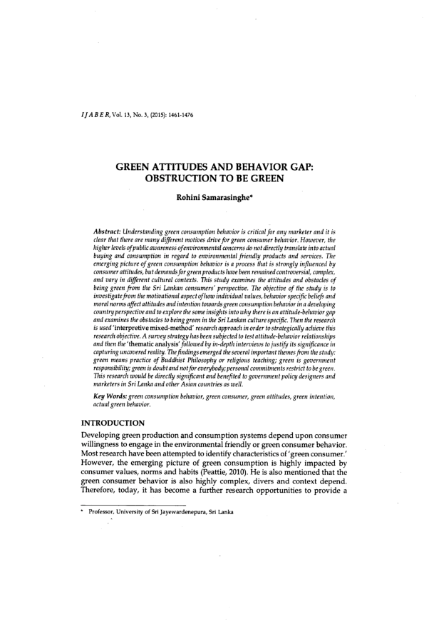 (PDF) Green Attitudes And Behavior Gap; Obstruction To Be Green