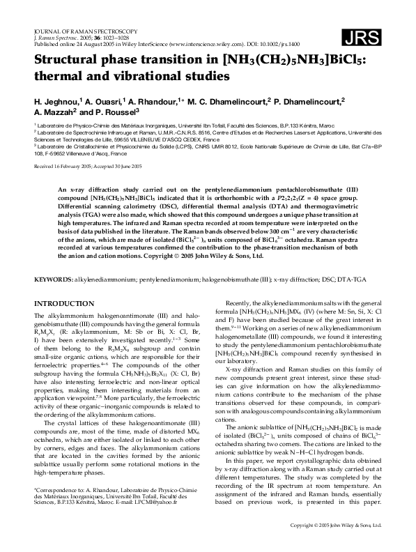 (PDF) Structural phase transition in [NH3(CH2)5NH3]BiCl5: thermal and vibrational studies