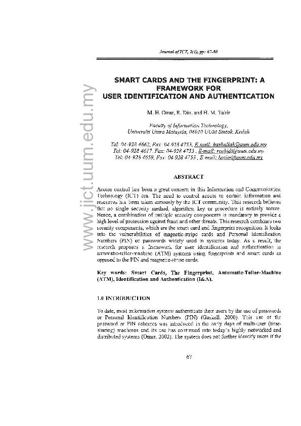 (PDF) Smart cards and the fingerprint: A framework for user identification and authentication