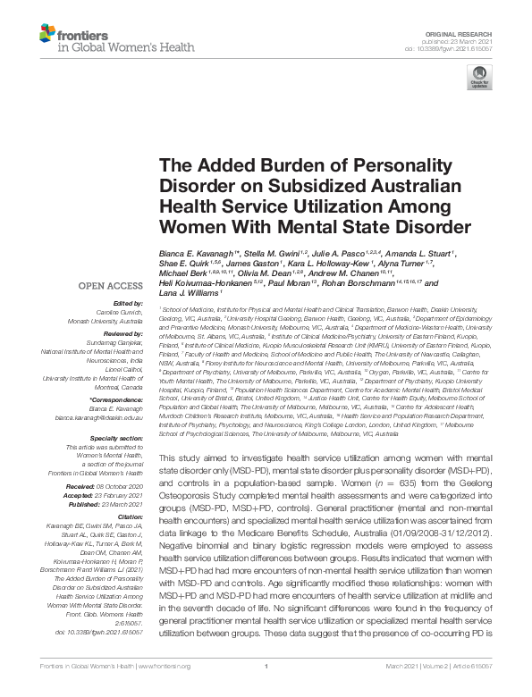 (PDF) The Added Burden of Personality Disorder on Subsidized Australian ...