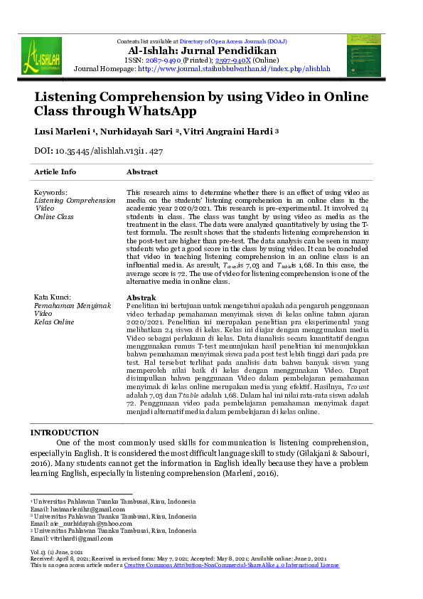 (PDF) Listening Comprehension by using Video in Online Class through ...