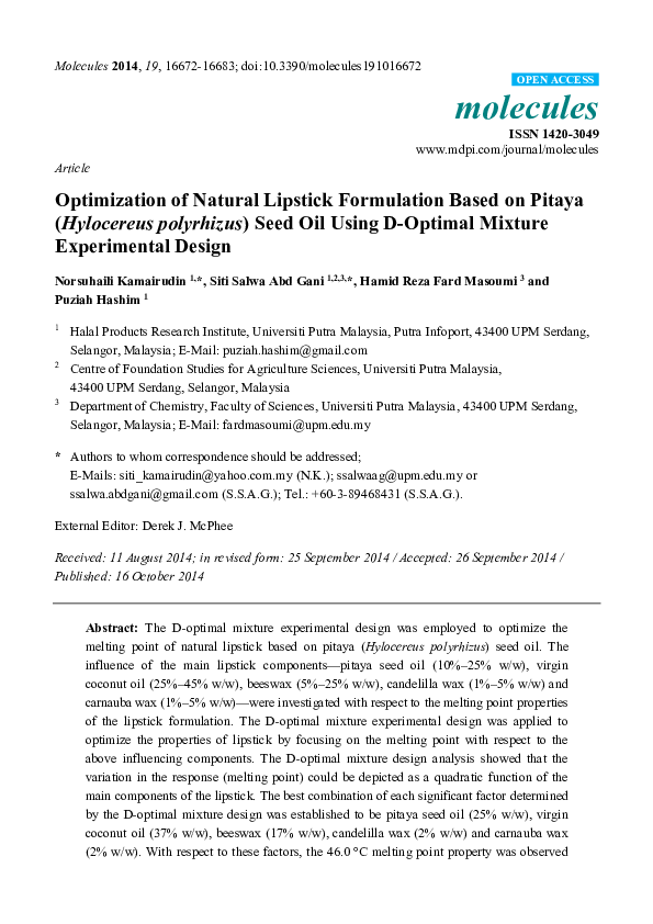 (PDF) Optimization of natural lipstick formulation based on pitaya (Hylocereus polyrhizus) seed ...
