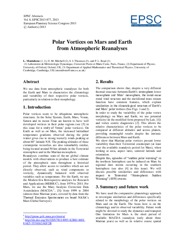 (PDF) Polar Vortices on Mars and Earth from Atmospheric Reanalyses