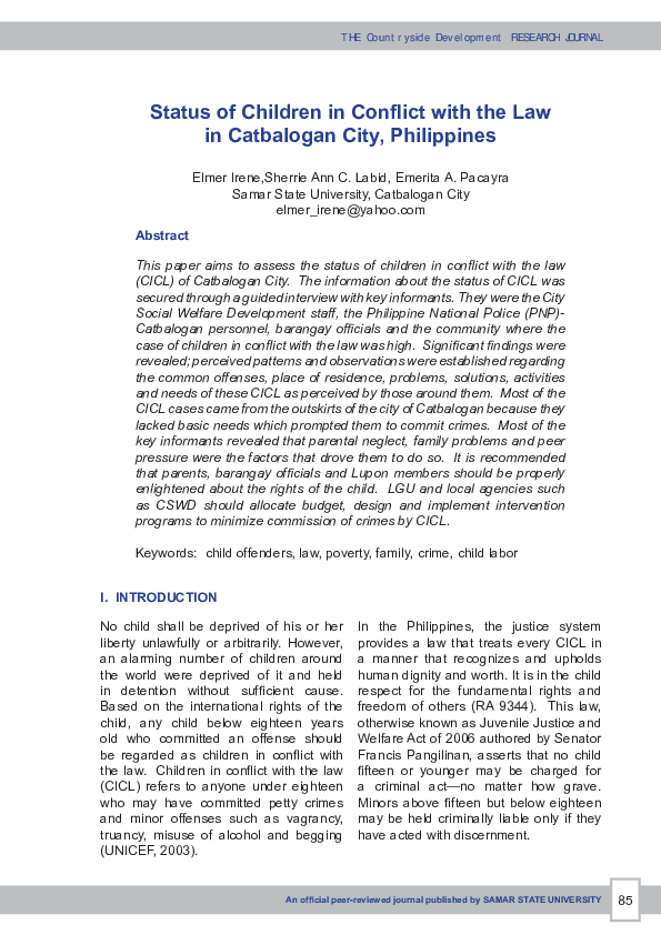 (PDF) Status of Children in Conflict with the Law in Catbalogan City ...