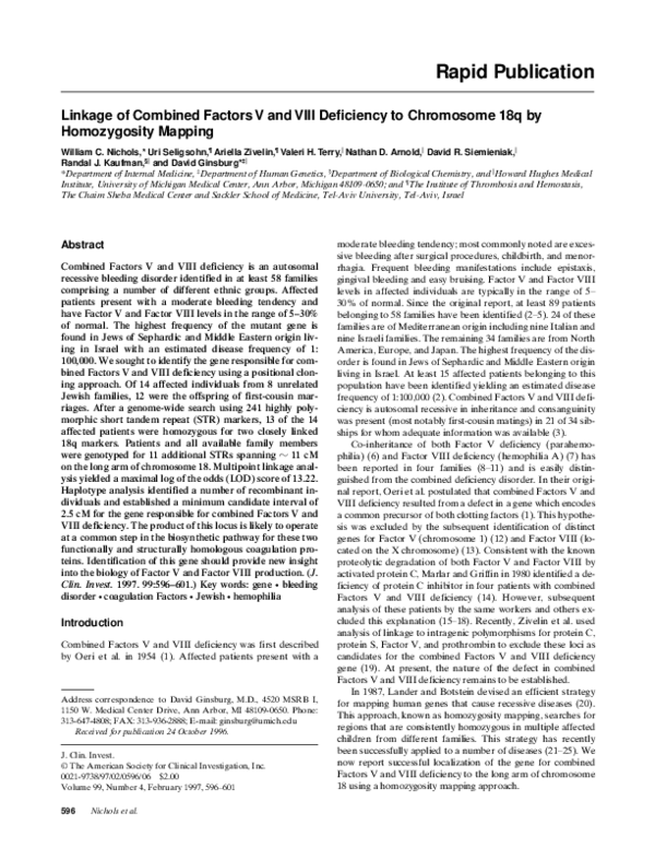 (PDF) Linkage of combined factors V and VIII deficiency to chromosome ...