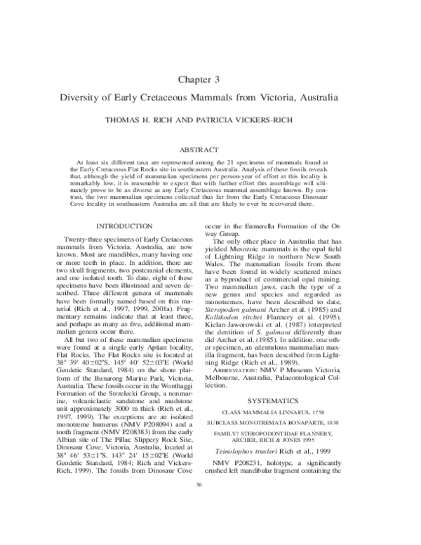 (PDF) Chapter 3: Diversity of Early Cretaceous Mammals from Victoria ...