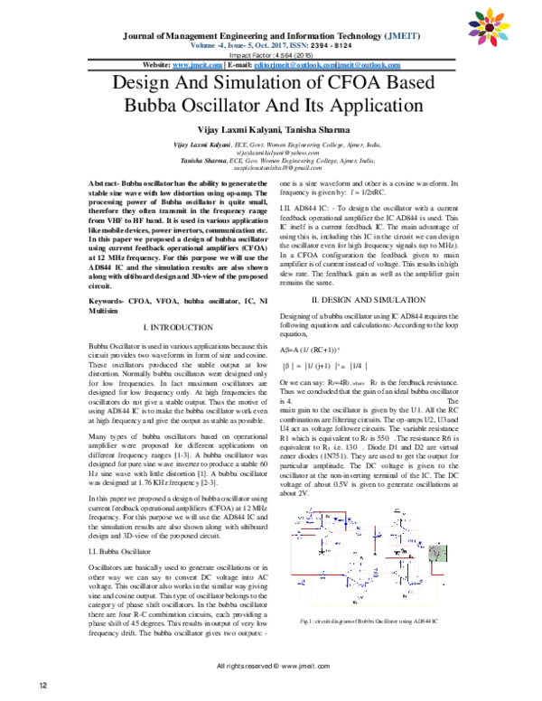 (PDF) Design And Simulation Of Cfoa Based Bubba Oscillator And Its Application