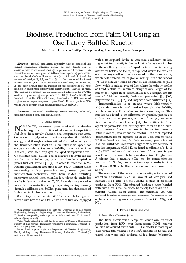 (PDF) Biodiesel Production From Palm Oil Using An Oscillatory Baffled Reactor