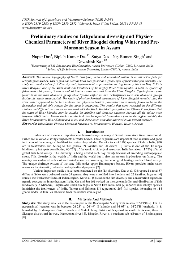 (PDF) Preliminary studies on Icthyofauna diversity and PhysicoChemical ...