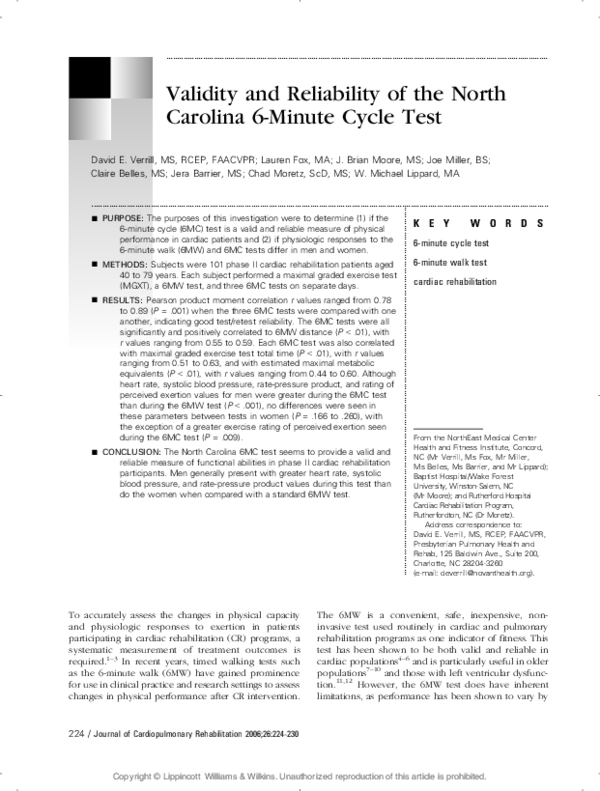 (PDF) Validity and Reliability of the North Carolina 6-MINUTE Cycle Test