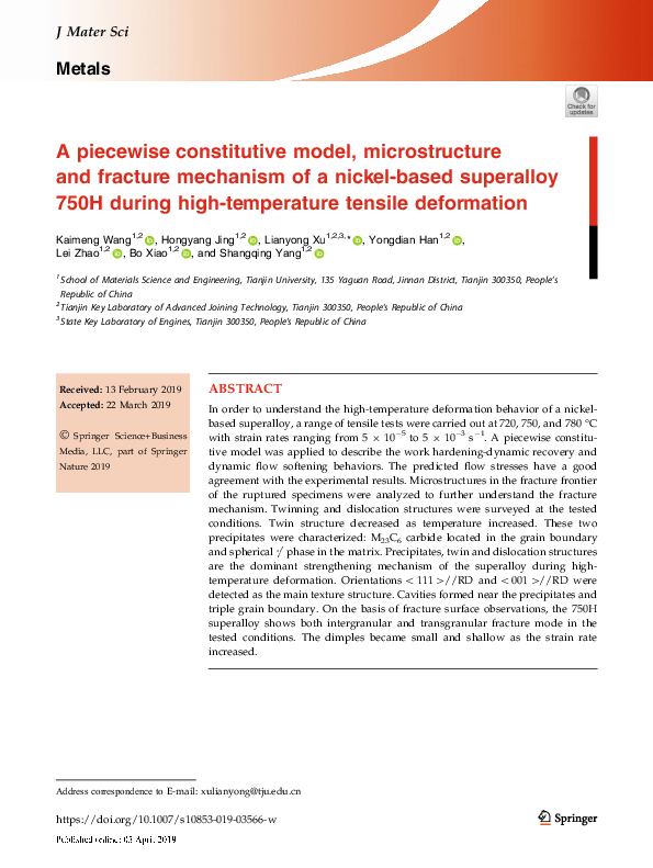 (PDF) A piecewise constitutive model, microstructure and fracture mechanism of a nickel-based ...