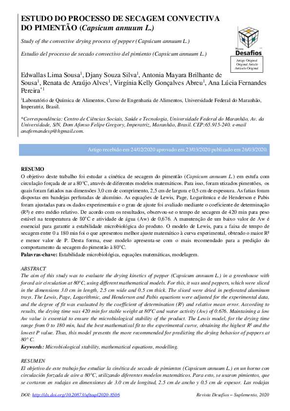 (PDF) ESTUDO DO PROCESSO DE SECAGEM CONVECTIVA DO PIMENTÃO (Capsicum annuum L.) | Ana Lúcia ...