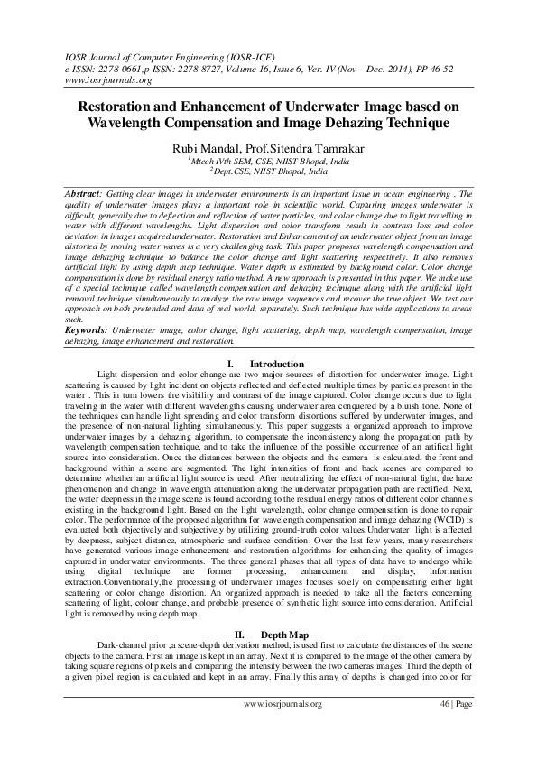 (PDF) Restoration and Enhancement of Underwater Image based on ...