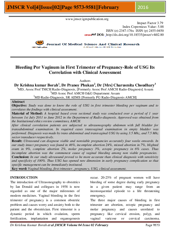 (PDF) Bleeding Per Vaginum in First Trimester of Pregnancy-Role of USG ...