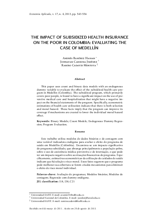 (PDF) The Impact of Subsidized Health Insurance on the Poor in Colombia ...
