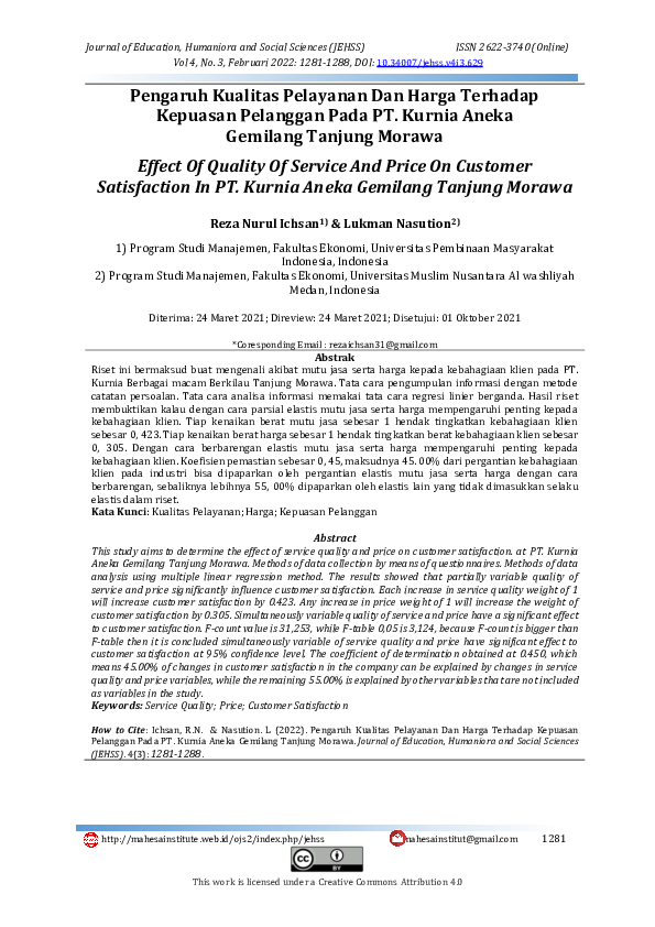 (PDF) Pengaruh Kualitas Pelayanan Dan Harga Terhadap Kepuasan Pelanggan Pada PT. Kurnia Aneka ...