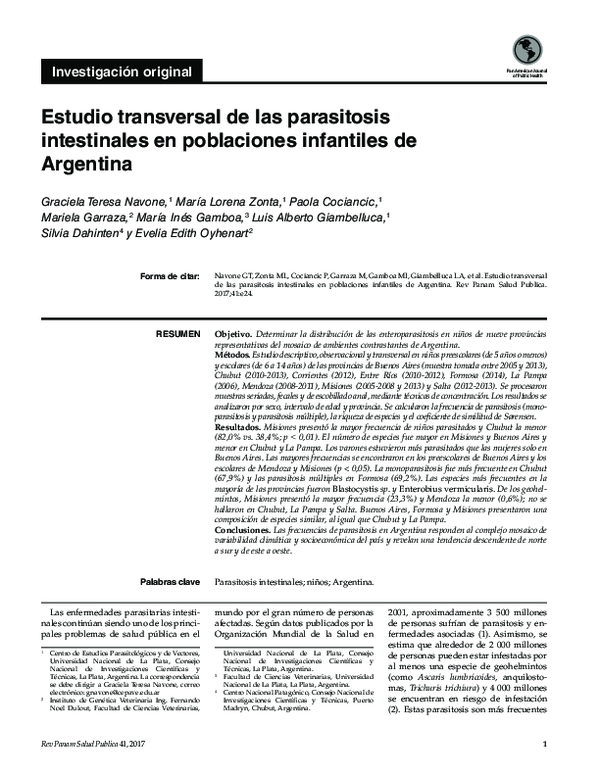 (PDF) Estudio transversal de las parasitosis intestinales en ...