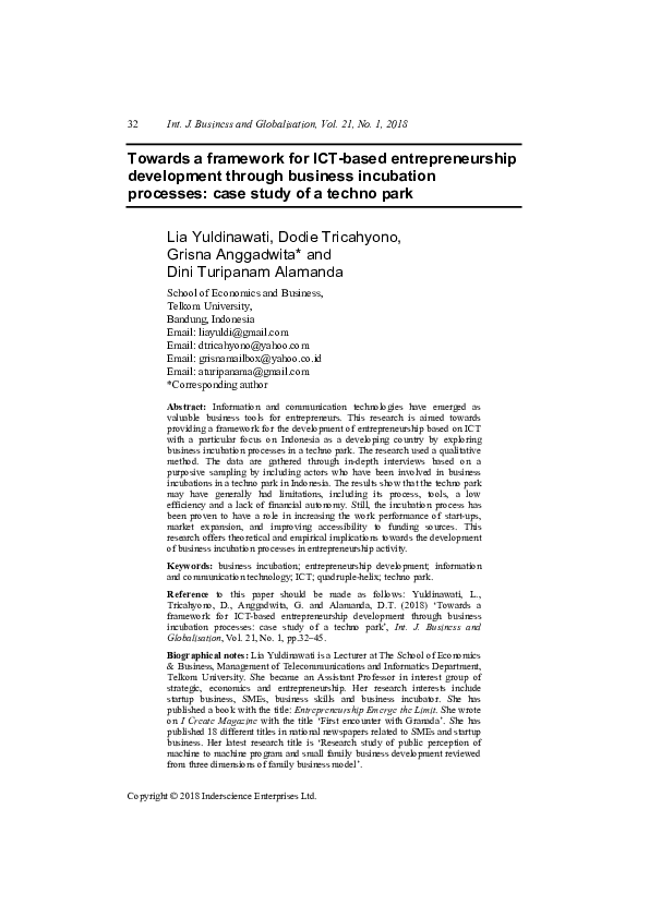 (PDF) Towards a framework for ICT-based entrepreneurship development through business incubation ...