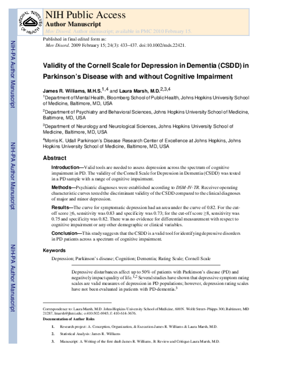 (PDF) Validity of the Cornell scale for depression in dementia in ...
