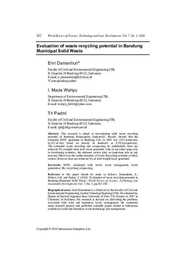 (PDF) Evaluation of waste recycling potential in Bandung Municipal Solid Waste