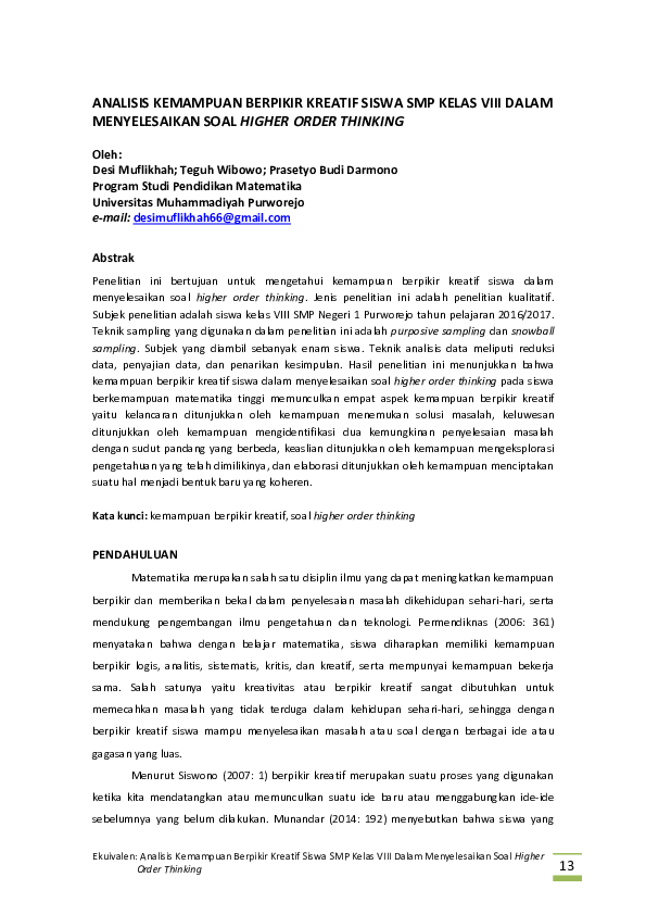 (PDF) Ekuivalen: Analisis Kemampuan Berpikir Kreatif Siswa SMP Kelas VIII Dalam Menyelesaikan ...