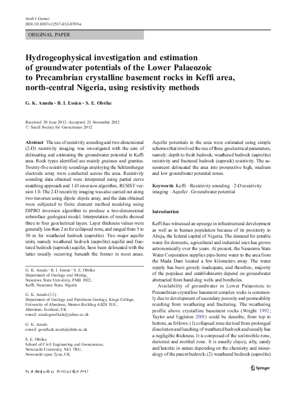 Pdf Hydrogeophysical Investigation And Estimation Of Groundwater Potentials Of The Lower