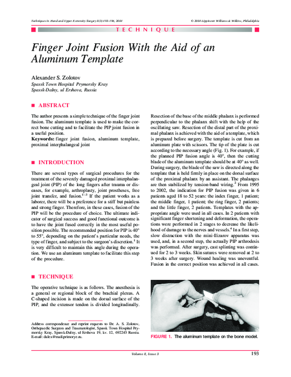 (PDF) Finger Joint Fusion With the Aid of an Aluminum Template