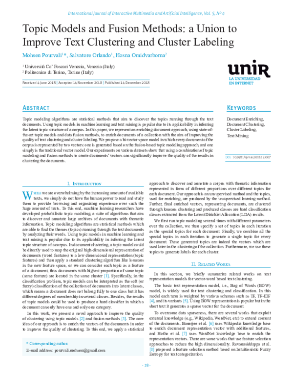 (PDF) Topic Models and Fusion Methods: a Union to Improve Text Clustering and Cluster Labeling