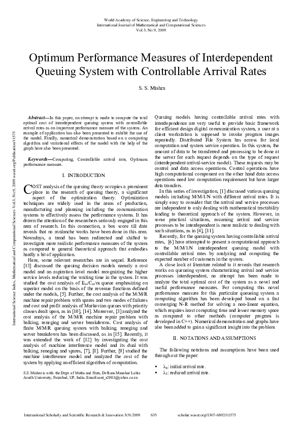 (PDF) Optimum Performance Measures Of Interdependent Queuing System ...