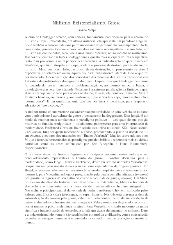 (PDF) VOLPI, Franco, "Niilismo, Existencialismo, Gnose", in O Niilismo ...