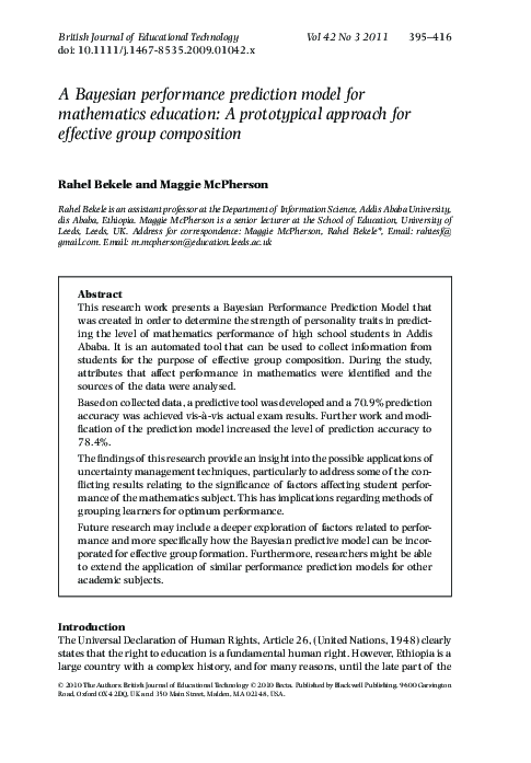Pdf A Bayesian Performance Prediction Model For Mathematics Education