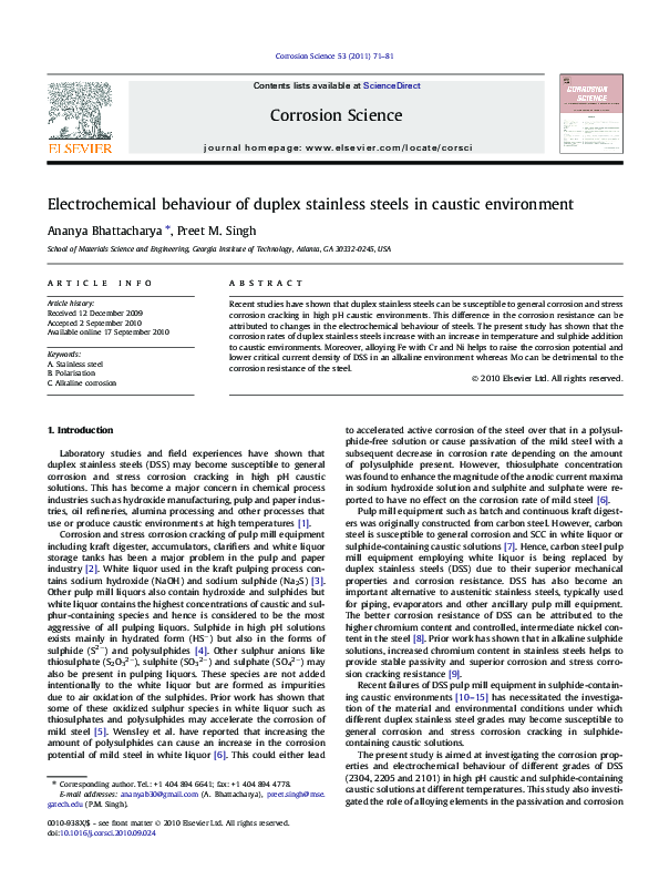 Electrochemical behaviour of duplex stainless steels in caustic environment