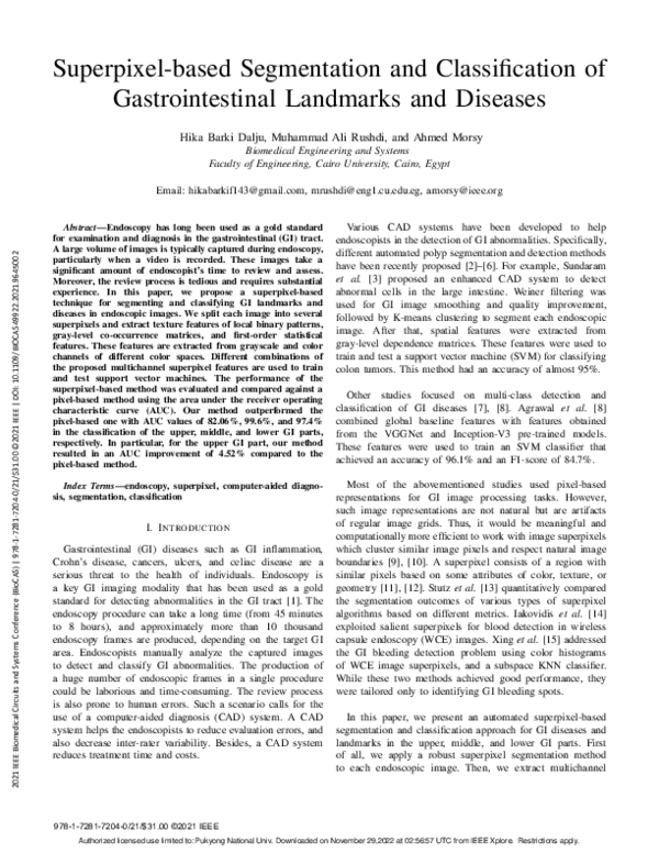 Pdf Superpixel Based Segmentation And Classification Of Gastrointestinal Landmarks And Diseases 