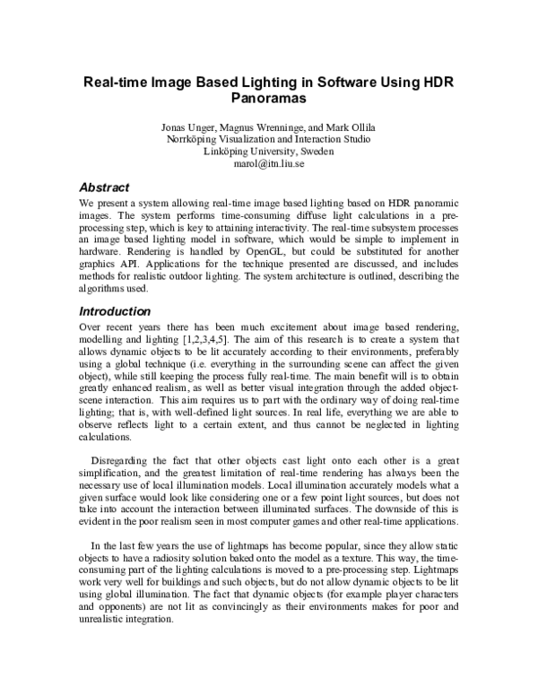 (PDF) Real-time image based lighting in software using HDR panoramas